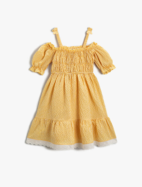 Koton Kız Çocuk Düşük Omuz Elbise Kareli Balon Kollu