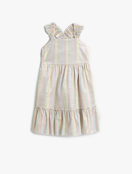 Koton Kız Çocuk Çizgili Maksi Elbise Fırfırlı Askılı Pamuklu Astarlı