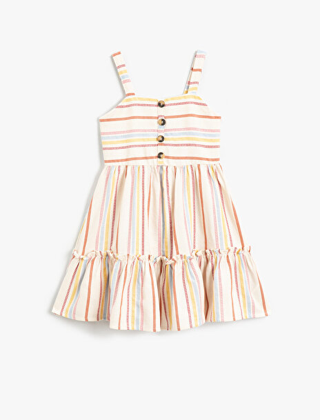 Koton Kız Çocuk Çizgili Elbise Düğme Detaylı Fırfırlı