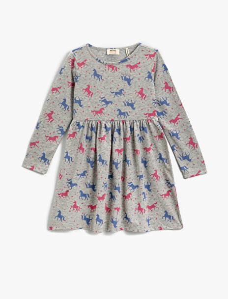 Koton Kız Çocuk Unicorn Baskılı Uzun Kollu Elbise Büzgülü Bisiklet Yaka