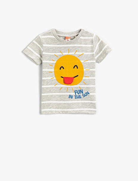 Koton Erkek Çocuk Çizgili Baskılı Tişört Yaz Temalı Bisiklet Yaka Kısa Kollu Pamuklu