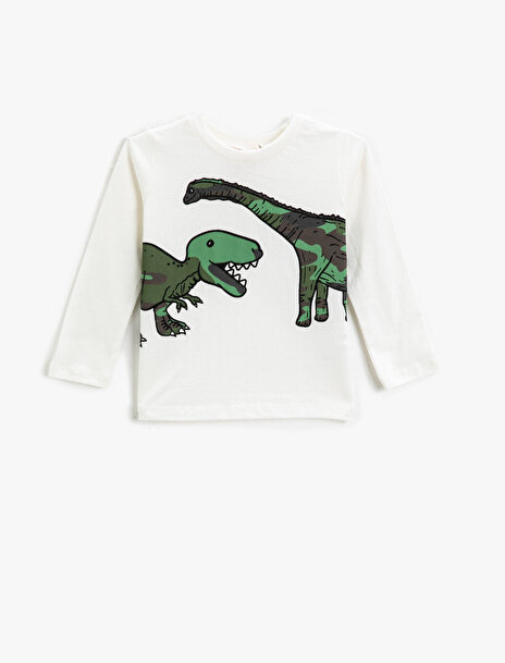 Koton Erkek Çocuk Dinozor Baskılı Tişört Uzun Kollu Bisiklet Yaka Pamuklu