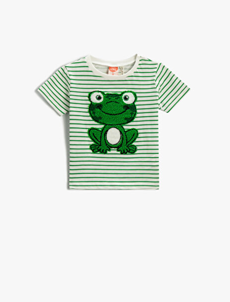 Koton Erkek Çocuk Kurbağa Desenli Çizgili Tişört Kısa Kollu Bisiklet Yaka Pamuklu