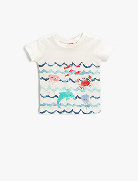 Koton Erkek Çocuk Deniz Hayvanları Baskılı Kısa Kollu Tişört Pamuklu