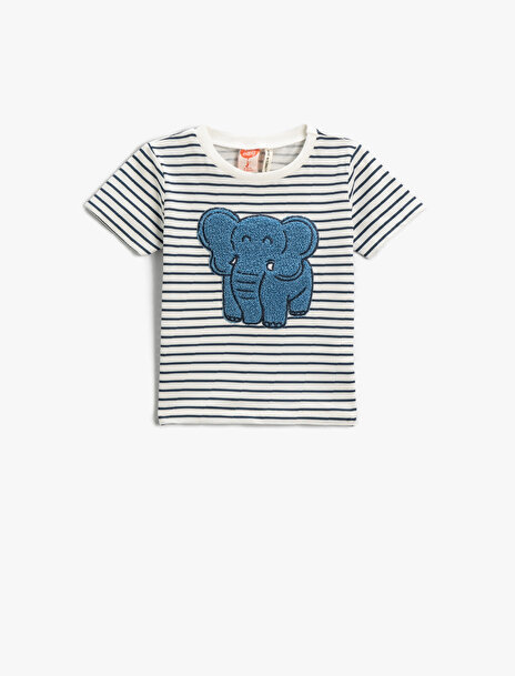 Koton Erkek Çocuk Fil Desenli Çizgili Tişört Kısa Kollu Bisiklet Yaka Pamuklu