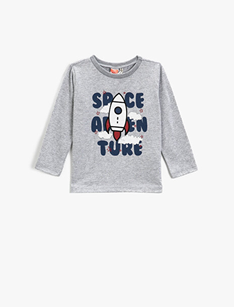 Koton Erkek Çocuk Uzay Baskılı Tişört Uzun Kollu Bisiklet Yaka