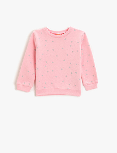 Koton Kız Çocuk Kalp Baskılı Bisiklet Yaka Sweatshirt Pamuklu