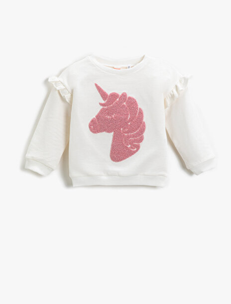 Koton Kız Çocuk Kabartmalı Unicorn Baskılı Kolu Fırfırlı Sweatshirt Pamuklu
