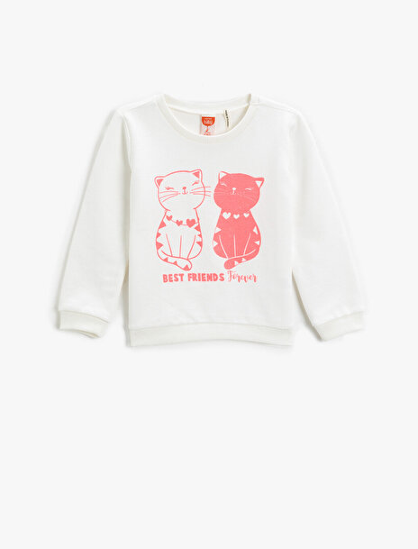 Koton Kız Çocuk Kedi Baskılı Sweatshirt Bisiklet Yaka Pamuklu