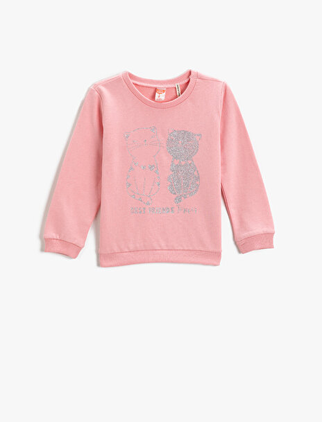 Koton Kız Çocuk Kedi Baskılı Sweatshirt Bisiklet Yaka Pamuklu