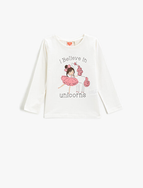 Koton Kız Çocuk Unicorn Baskılı Tişört Uzun Kollu Bisiklet Yaka Pamuklu