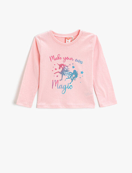 Koton Kız Çocuk Unicorn İşlemeli Baskılı Tişört Uzun Kollu Pamuklu