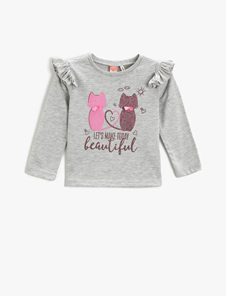 Koton Kız Çocuk Kedi Baskılı Uzun Kollu Tişört Fırfır Detaylı