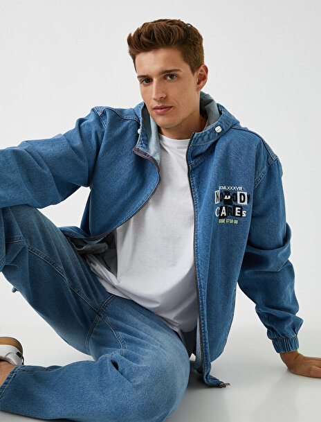 Koton Erkek Kapşonlu Kot Ceket Baskılı