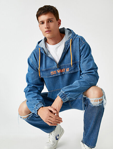 Koton Erkek Kapüşonlu Kot Mont Yarım Fermuarlı Cepli