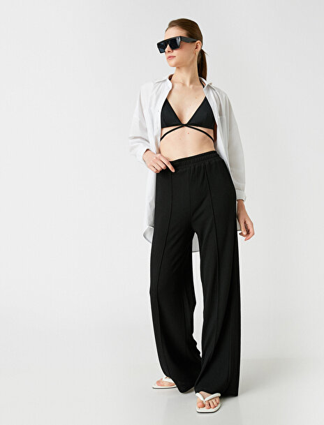 Koton Kadın Bol Paça Pantolon Beli Lastikli Nervürlü