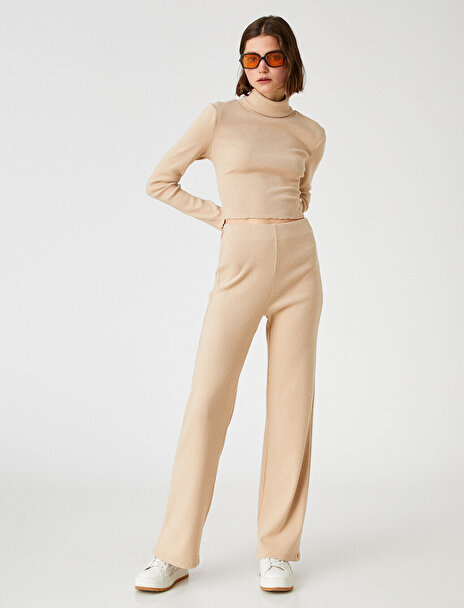 Koton Kadın Dokuma İspanyol Paça Pantolon Yüksel Bel
