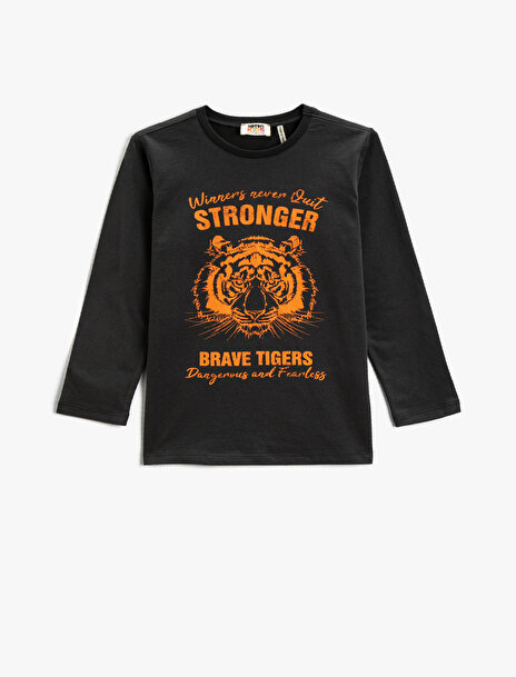 Koton Erkek Çocuk Kaplan Baskılı Tişört Uzun Kollu Bisiklet Yaka Pamuklu