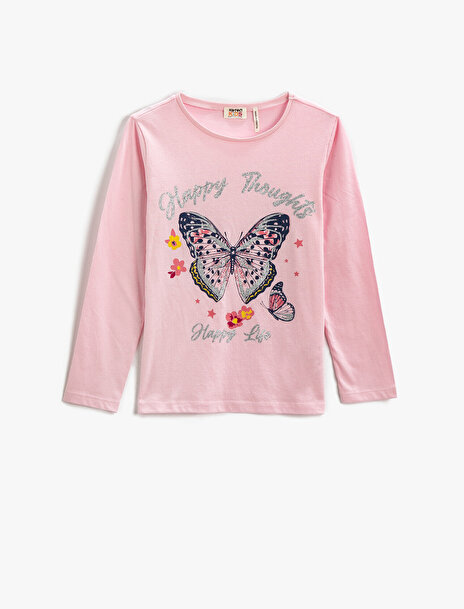 Koton Kız Çocuk Uzun Kollu Tişört Baskılı Bisiklet Yaka Pamuklu