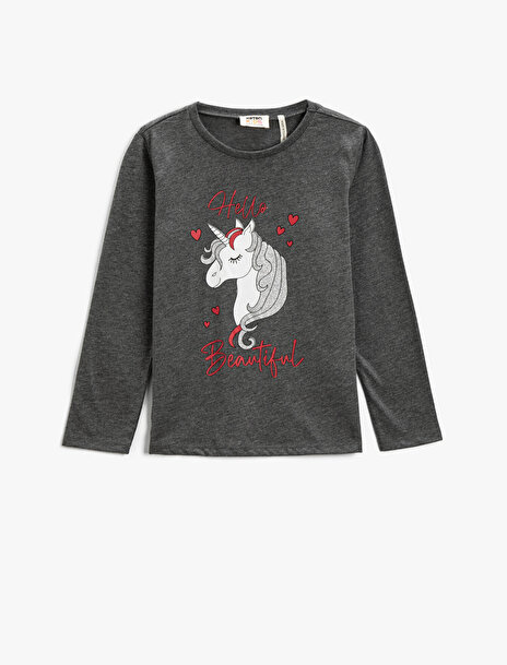 Koton Kız Çocuk Unicorn Baskılı Uzun Kollu Tişört Bisiklet Yaka