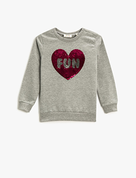 Koton Kız Çocuk Pul-Payet İşlemeli Sweatshirt Uzun Kollu Baskılı Bisiklet Yaka
