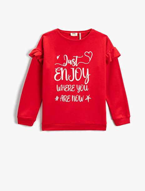 Koton Kız Çocuk Fırfırlı Sweatshirt Uzun Kollu Baskılı Bisiklet Yaka