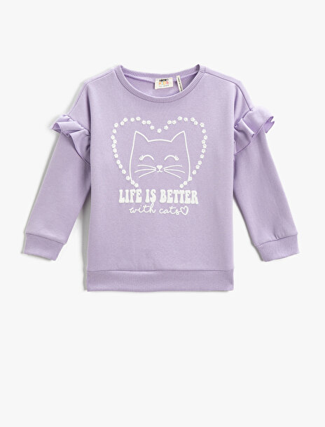 Koton Kız Çocuk Sweatshirt Fırfırlı Uzun Kollu Baskılı Bisiklet Yaka