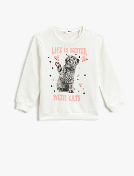 Koton Kız Çocuk Kedi Baskılı Sweatshirt Uzun Kollu Bisiklet Yaka