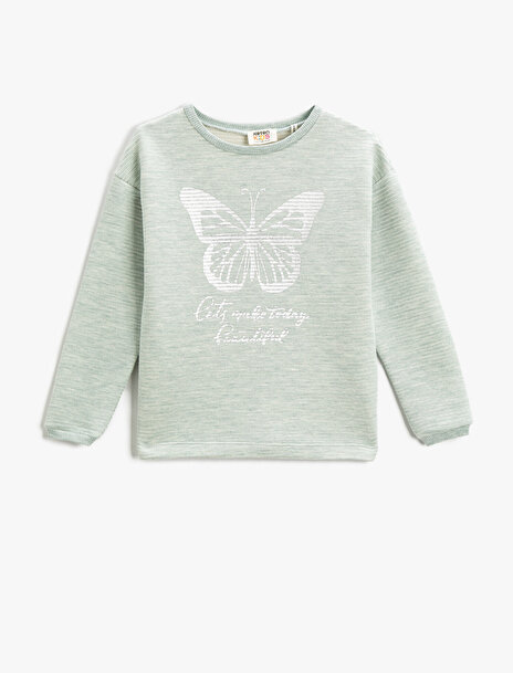 Koton Kız Çocuk Kelebek Baskılı Sweatshirt Bisiklet Yaka Uzun Kollu