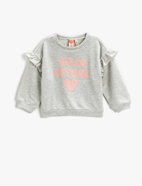 Koton Kız Çocuk Fırfırlı Baskılı Sweatshirt Bisiklet Yaka Uzun Kollu