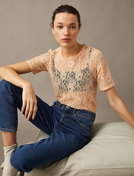 Koton Kadın Bisiklet Yaka Kısa Kollu Dantel Bluz