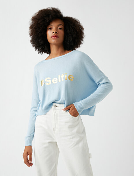 Koton Kadın Parlak Yazı Baskılı Triko Kazak