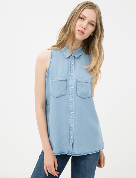 Koton Kadın Cep Detaylı Denim Gömlek Koton Kadın Cep Detaylı Denim Gömlek