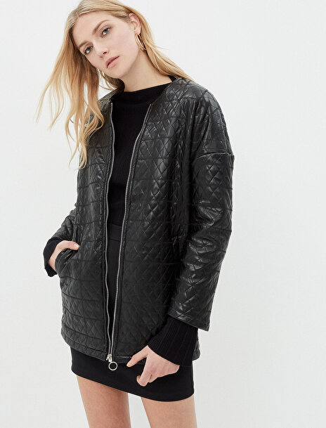 Koton Kadın Deri Görünümlü Kaban