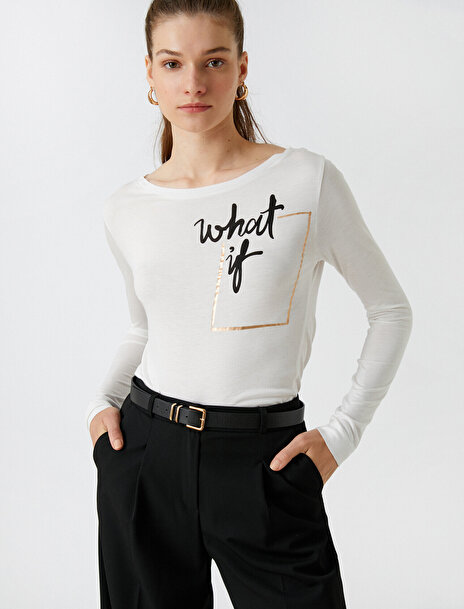 Koton Kadın Uzun Kollu Tişört Baskılı Kayık Yaka