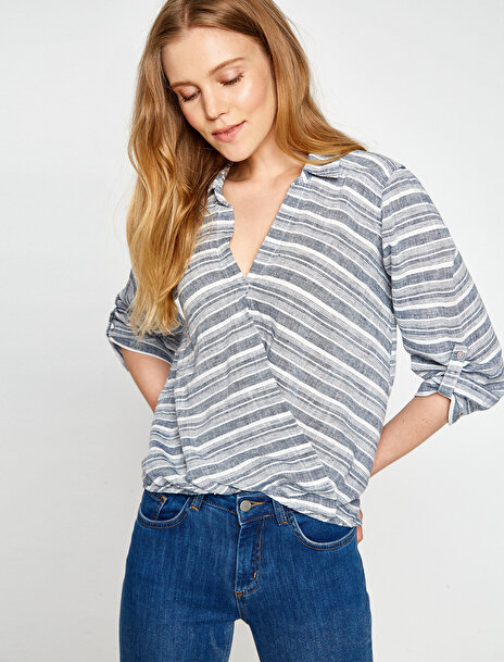 Koton Kadın Çizgili Keten Bluz