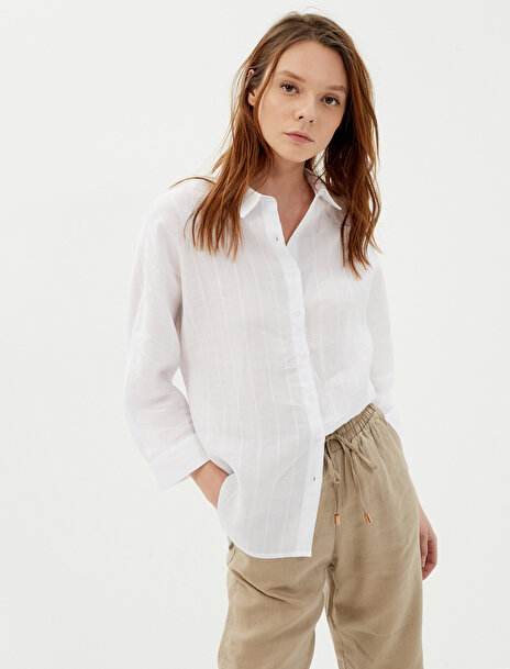 Koton Kadın Keten Çizgili Gömlek