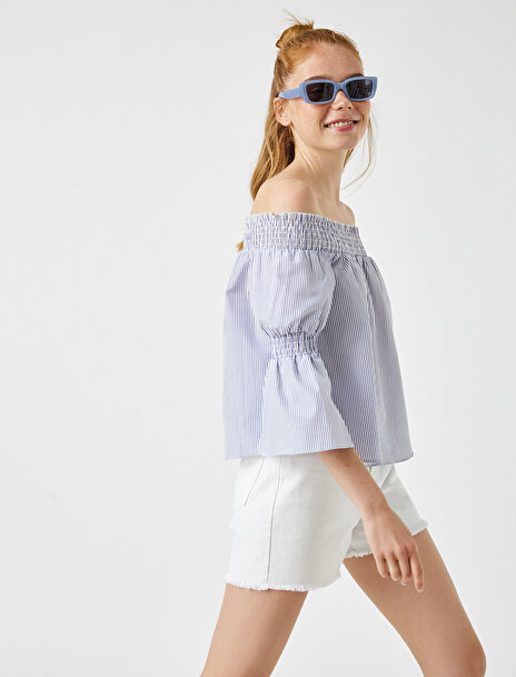 Koton Kadın Çizgili Bluz Omzu Açık Pamuklu Koton Kadın Çizgili Bluz Omzu Açık Pamuklu