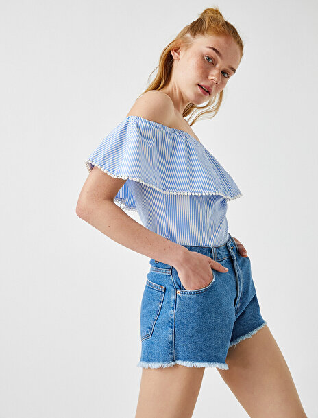 Koton Kadın Çizgili Bluz Omuz Açık Pamuklu