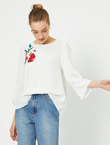 Koton Kadın Bisiklet Yaka İşlemeli Kolları Volanlı Bluz Koton Kadın Bisiklet Yaka İşlemeli Kolları Volanlı Bluz