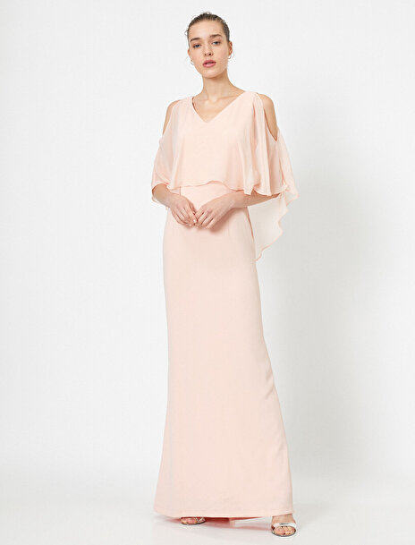 Koton Kadın V Yaka Kısa Kollu Fırfır Detaylı Maxi Elbise