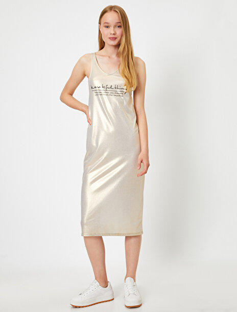Koton Kadın Askılı Yazı Baskılı Parlak Midi Elbise