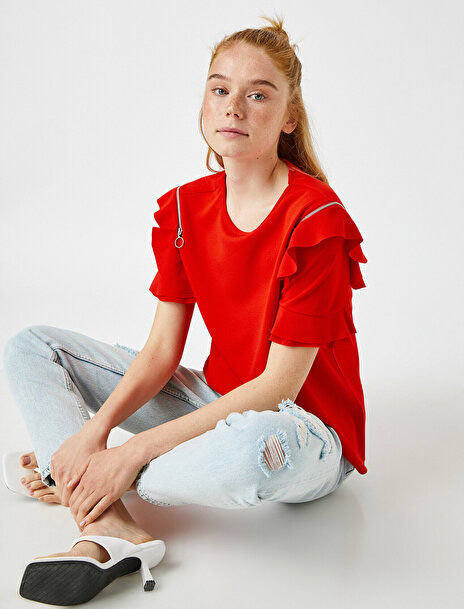 Koton Kadın Fırfırlı Tişört Fermuarlı