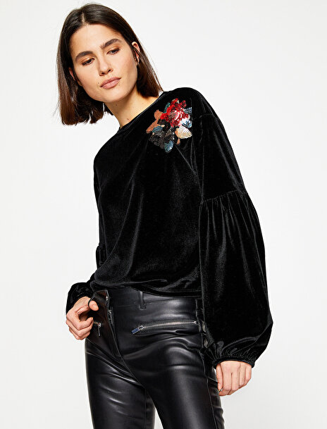 Koton Kadın İşlemeli Kadife T-Shirt