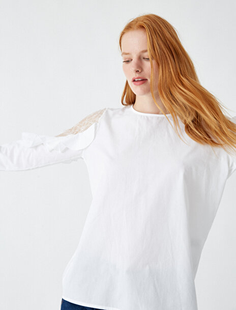 Koton Kadın Pamuklu Dantel ve Fırfır Detaylı Bluz