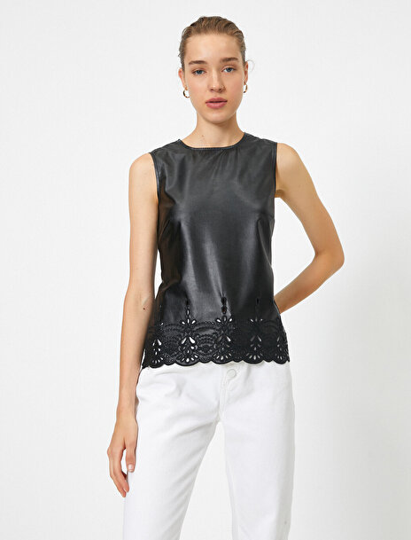 Koton Kadın Suni Deri Bisiklet Yaka Kolsuz Bluz