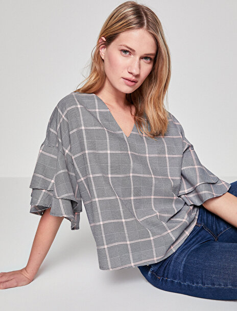 Koton Kadın Keten Kareli Bluz