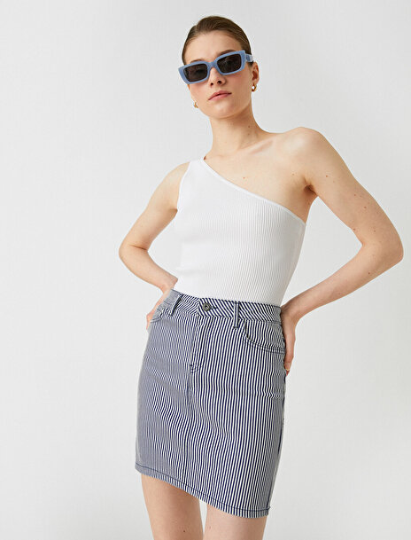 Koton Kadın Mini Kot Etek Çizgili Cep Detaylı