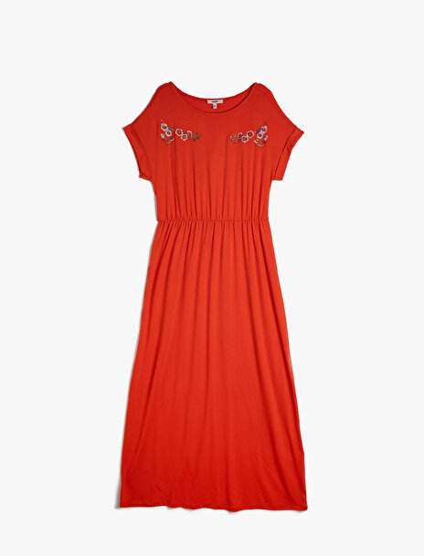 Koton Kadın Kısa Kollu Bisiklet Yaka İşlemeli Uzun Elbise