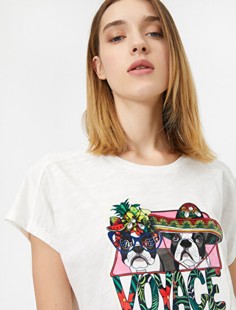 Koton Kadın 100 Pamuklu Bisiklet Yaka Kısa Kollu Desenli Tişört